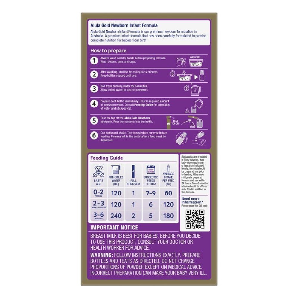 Alula Gold Infant Formula Newborn Stage1 0-6 months Stickpack 6 x ...