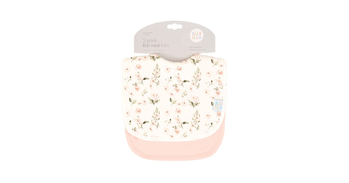All4Ella Roll Neck Bib Pink Flower - 2 Pack | Baby Bunting AU