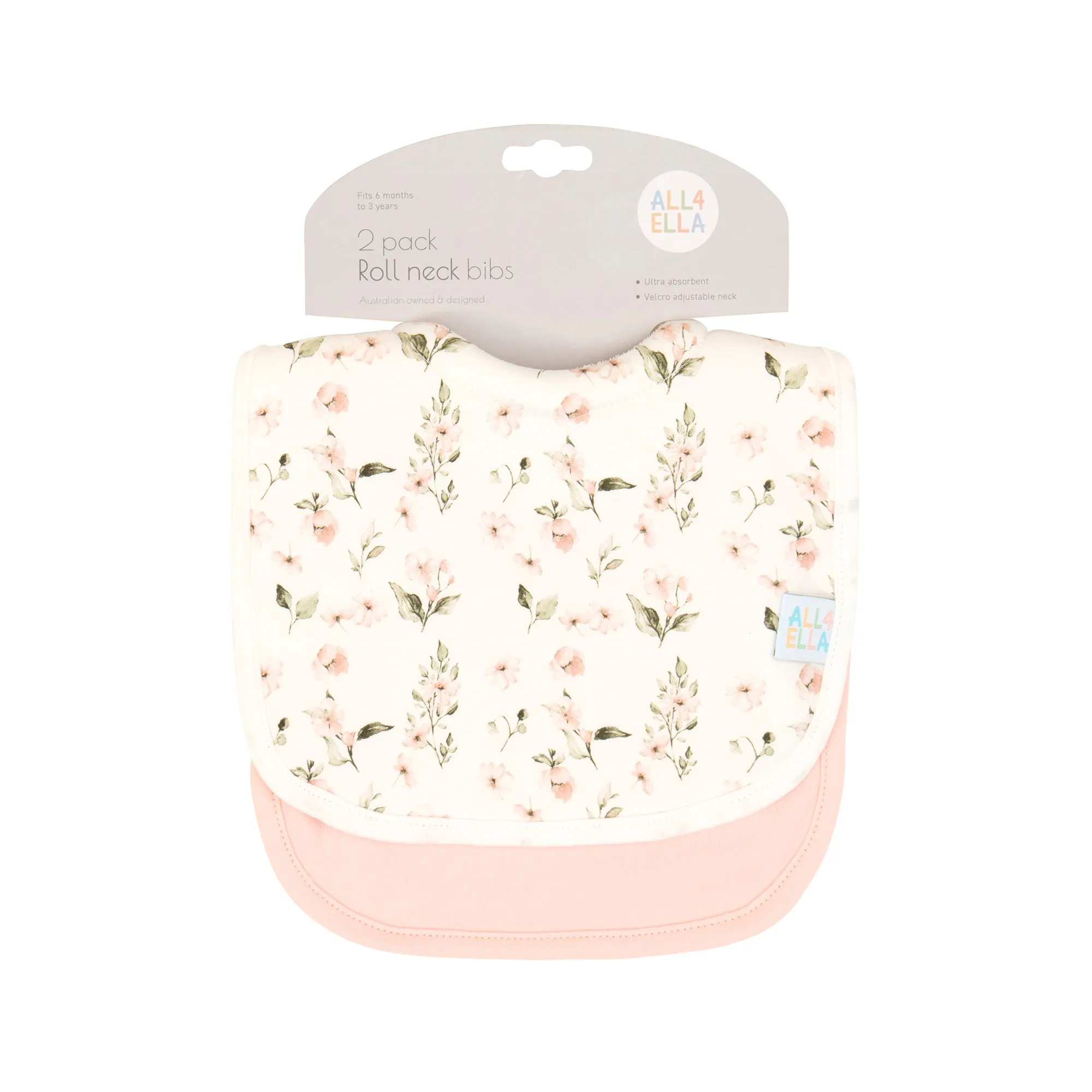 All4Ella Roll Neck Bib 2Pk - Pink Flower | Baby Bunting NZ