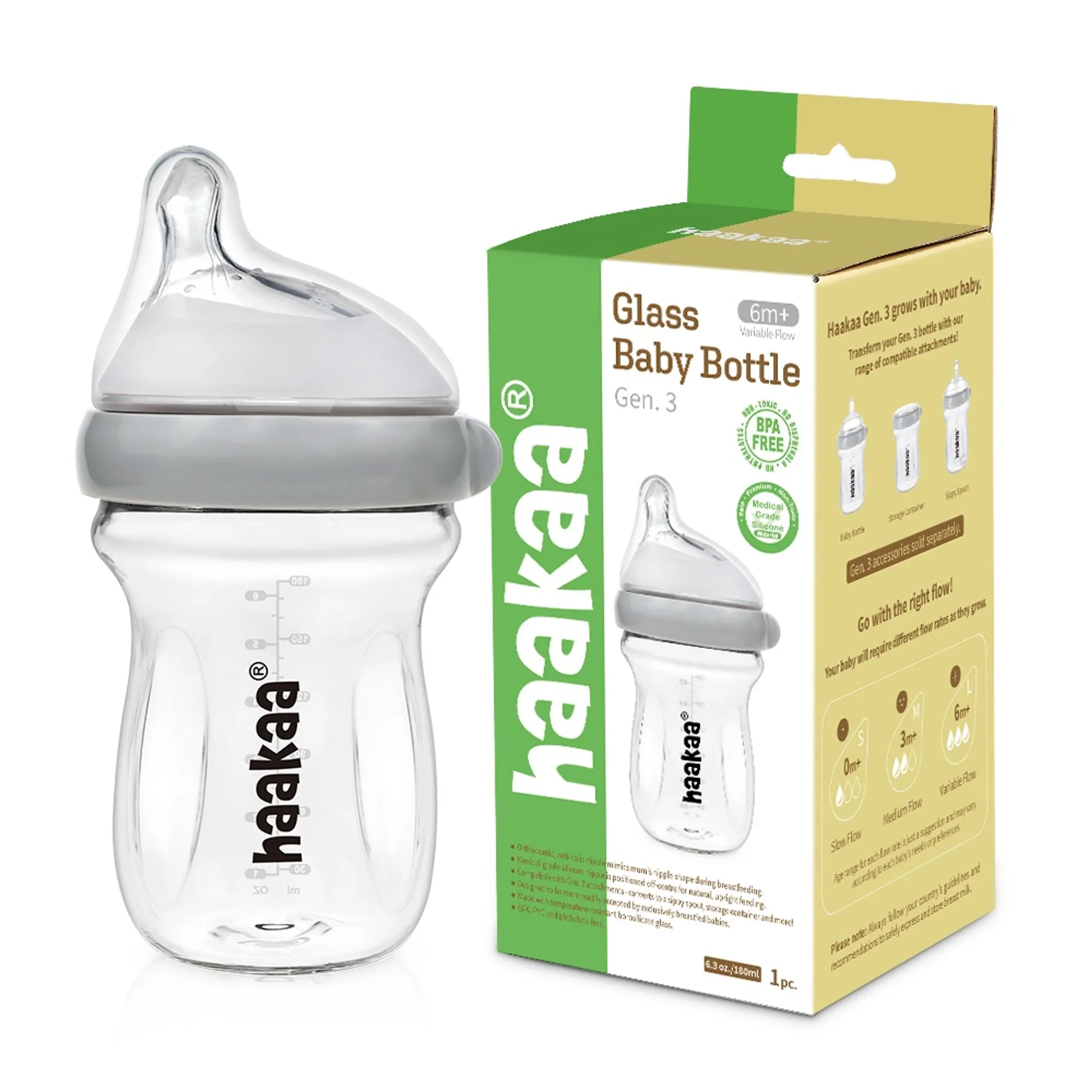 Haakaa Glass Baby Bottle Grey 180 ML | Baby Bunting AU