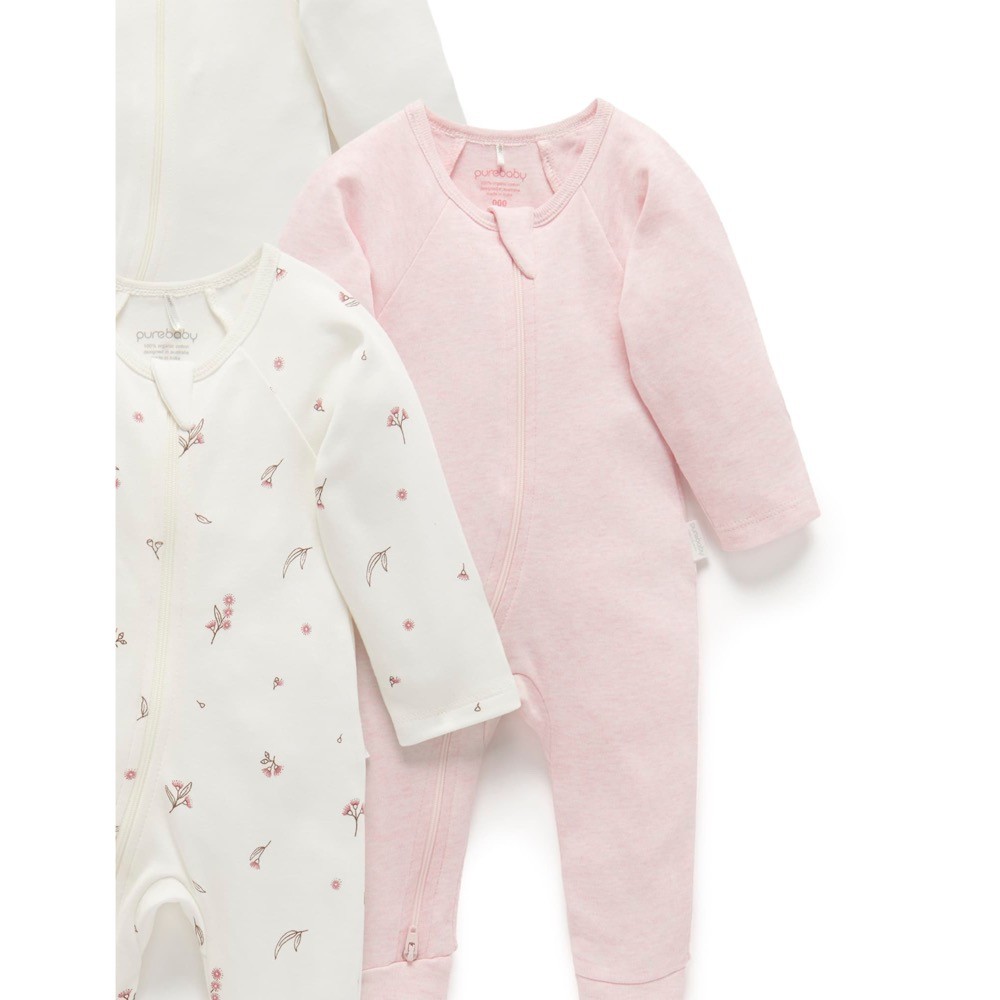 Purebaby 4 Pack Zip Growsuit Blossom | Baby Onesies | Baby Bunting AU
