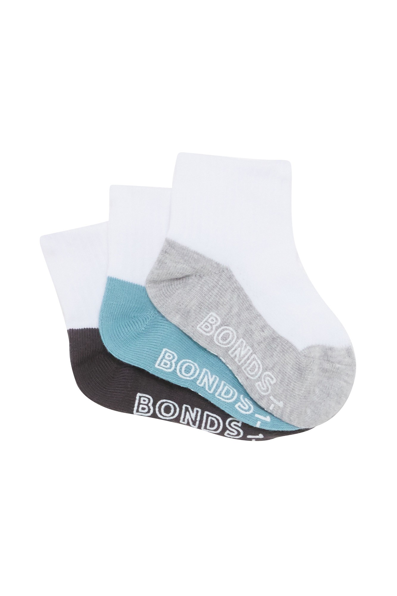 Bonds 3 Pack Socks Quarter Crew Grey/Teal/Black | Baby Socks | Baby ...