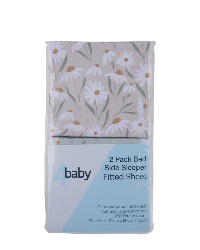 4Baby 2 Pack Fitted Sheet Bedside Sleeper Percale Happy Goose & Daisy ...