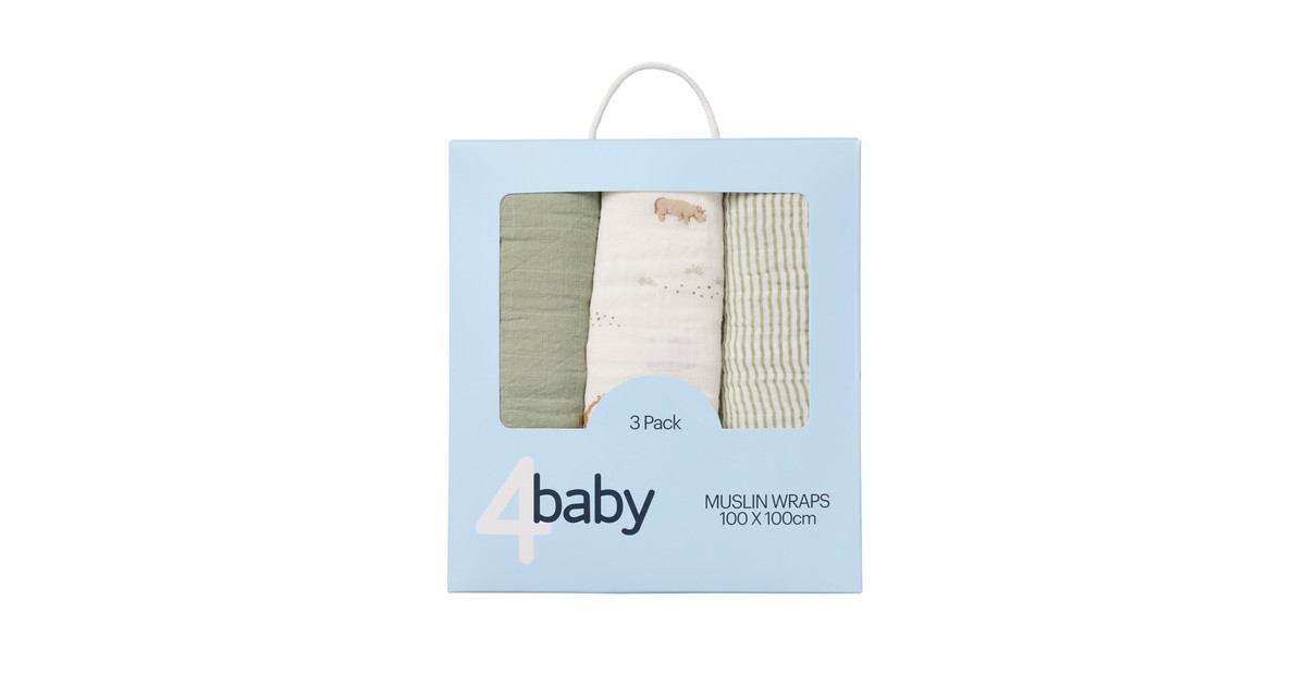 4Baby Muslin Wrap Safari 3Pk Sage | Baby Bunting NZ