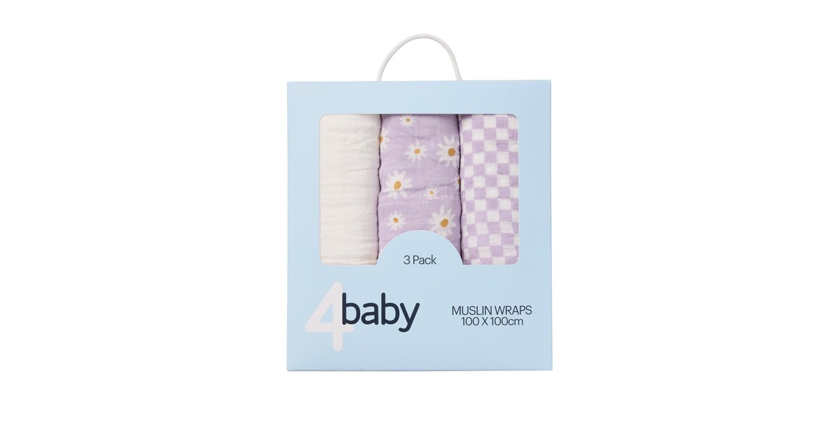 4Baby Muslin Wrap Daisy 3Pk Lilac | Baby Bunting AU