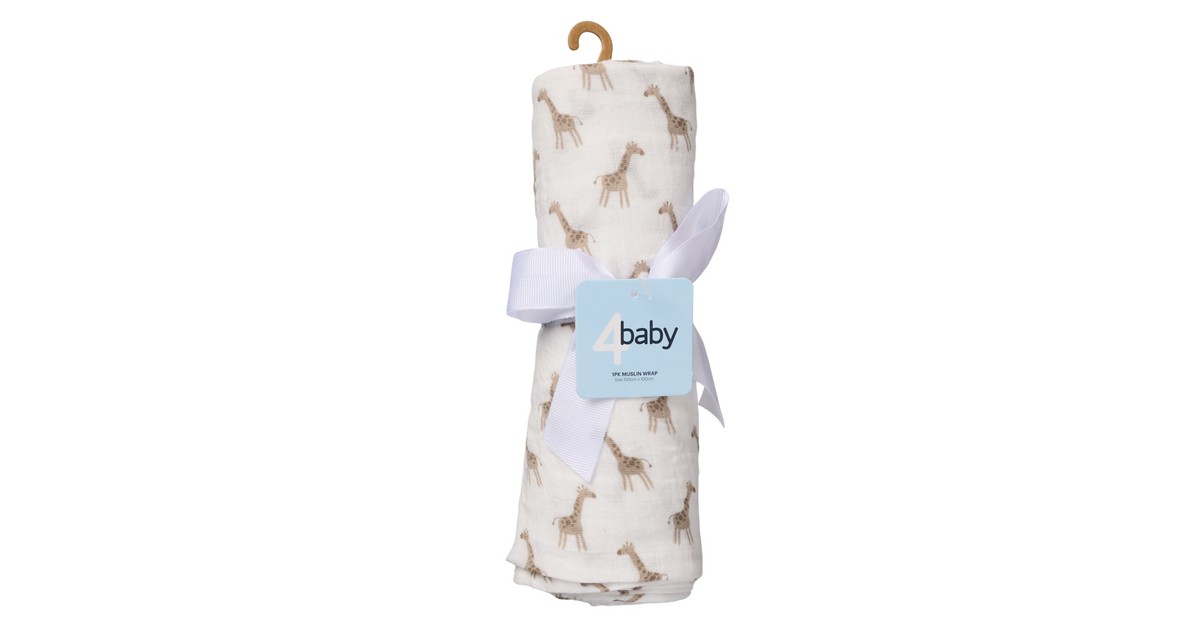 4Baby Muslin Wrap Giraffe 1Pk White | Baby Bunting NZ