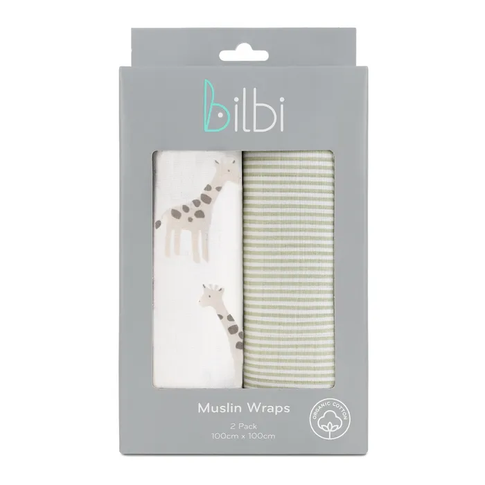 Bilbi Muslin Wraps 2 Pack Giraffe Natural | Baby Bunting NZ