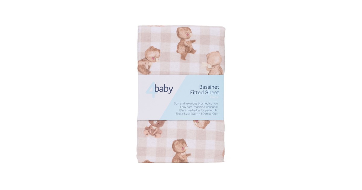 4baby Flannel Bassinet Fitted Sheet Gingham Teddies | Baby Bunting AU