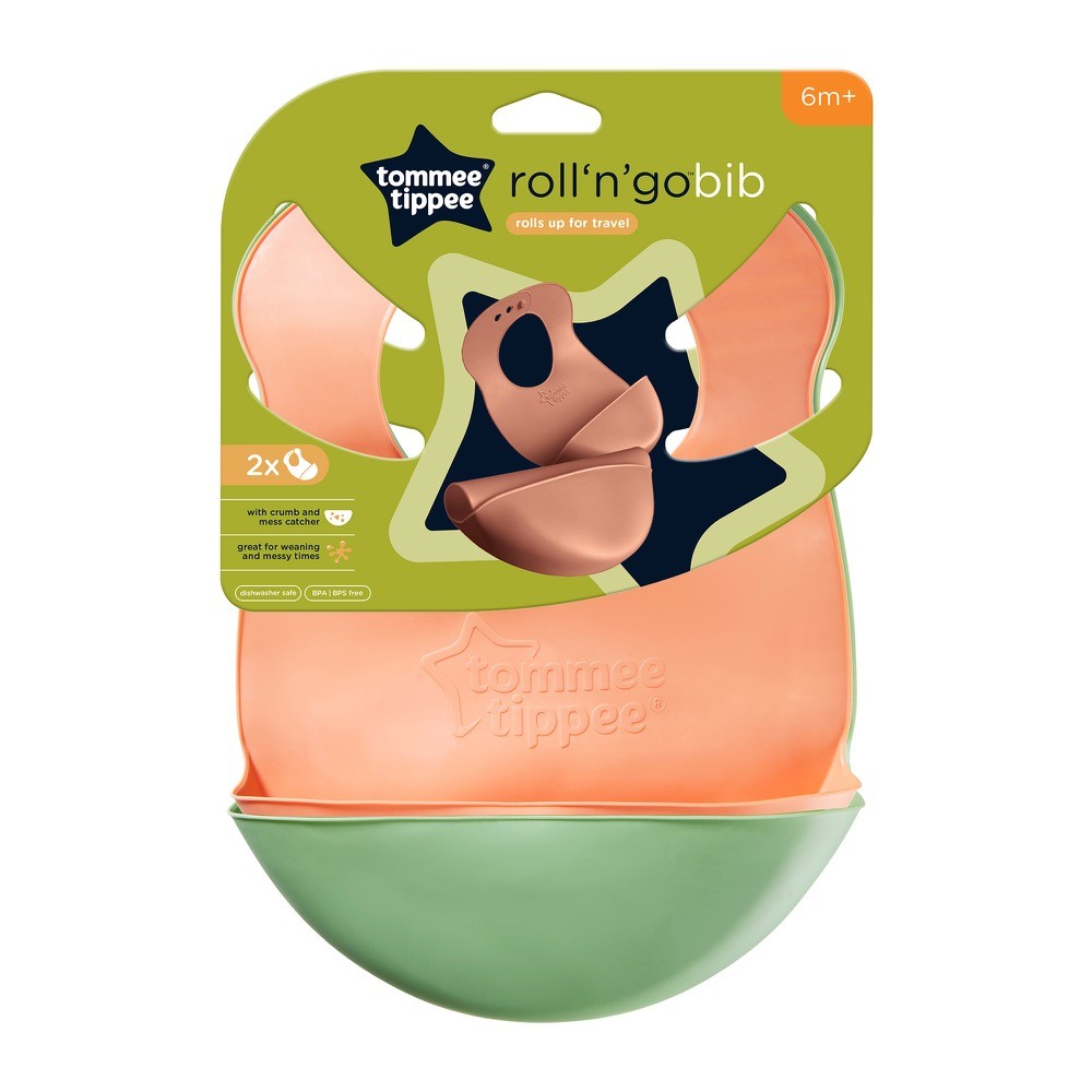 Tommee Tippee Roll & Go Bib - 2 Pack - Assorted Colours | Silicone Bibs ...