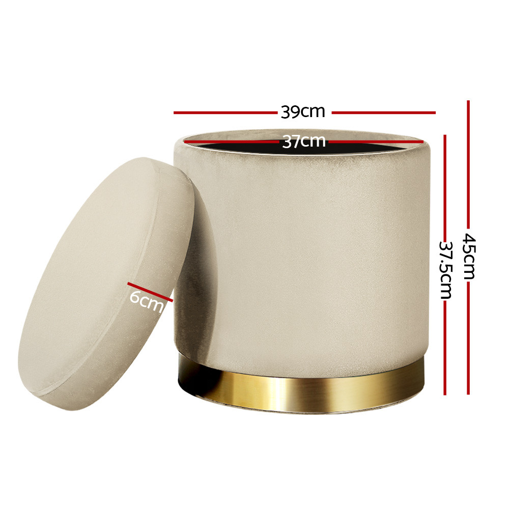 Artiss Velvet Round Foot Stool Storage Ottoman - Cream | Glider Chairs ...