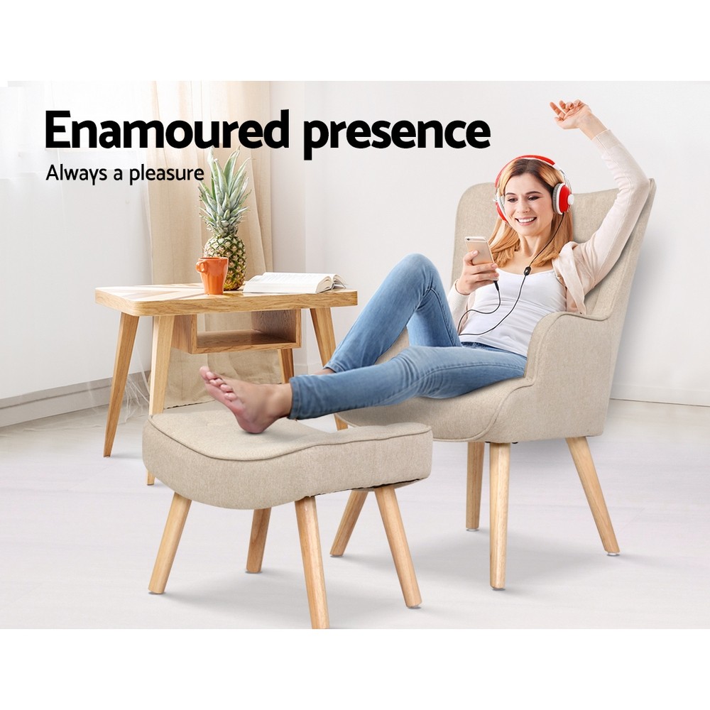 Artiss Fabric Armchair Ottoman - Beige | Glider Chairs & Ottomans ...