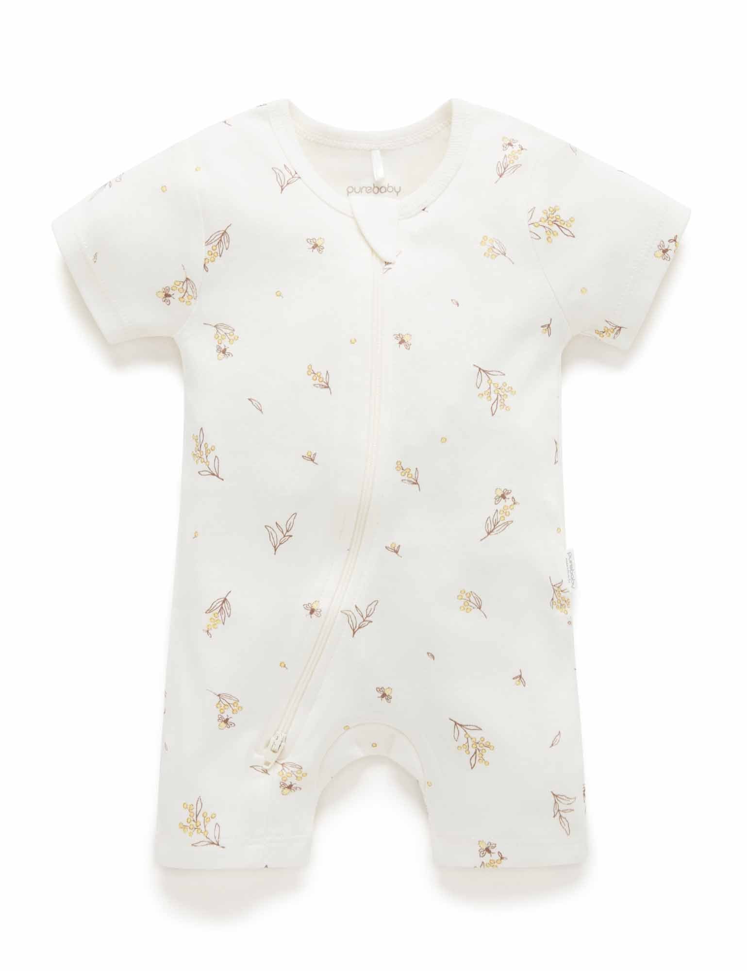 Purebaby Short Sleeve Short Leg Zip Growsuit Vanilla Wattle Bee ...