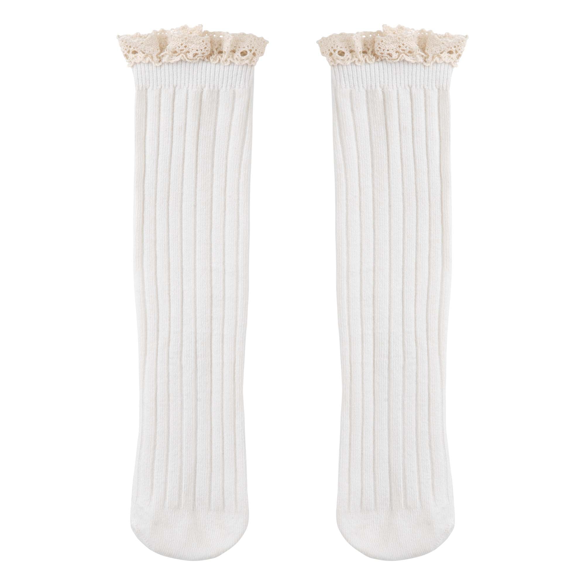 Designer Kidz Frilly Ribbed Long Socks - Cream | Baby Bunting AU