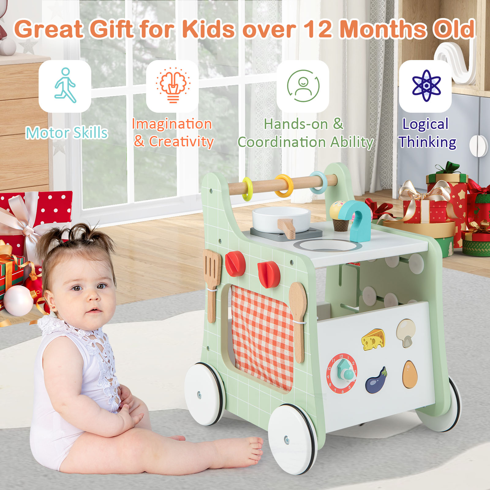 Baby Joy 6-in-1 Baby Wooden Walker with Play Kitchen - Green | Walkers ...