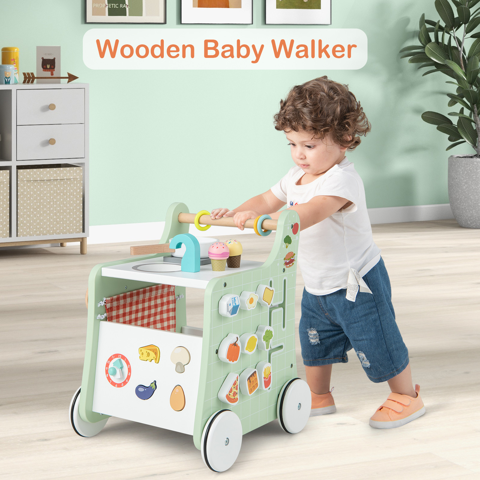 Baby Joy 6-in-1 Baby Wooden Walker with Play Kitchen - Green | Walkers ...