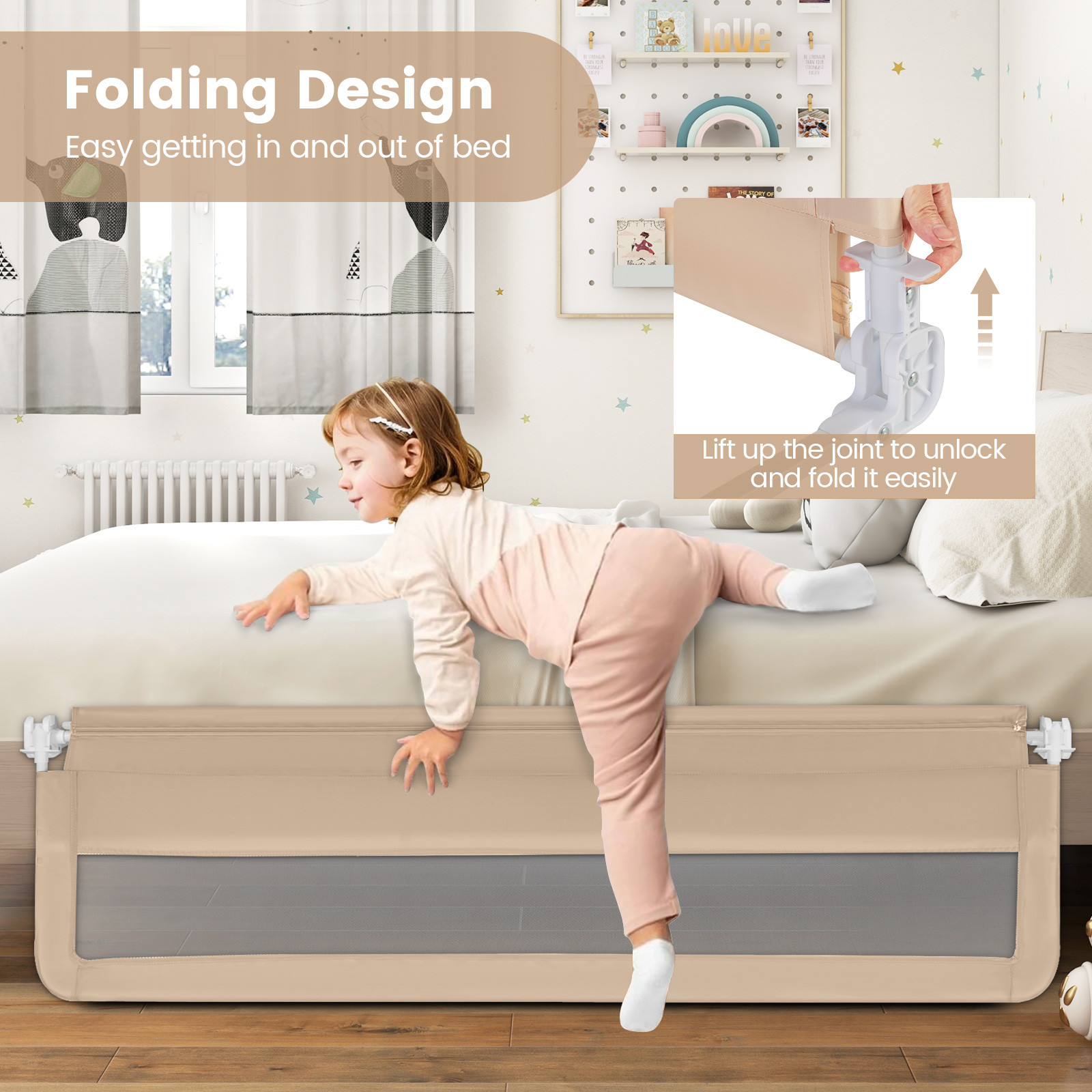 Baby Joy Toddler Foldable Bed Rail Guard with Removable Cover Beige ...