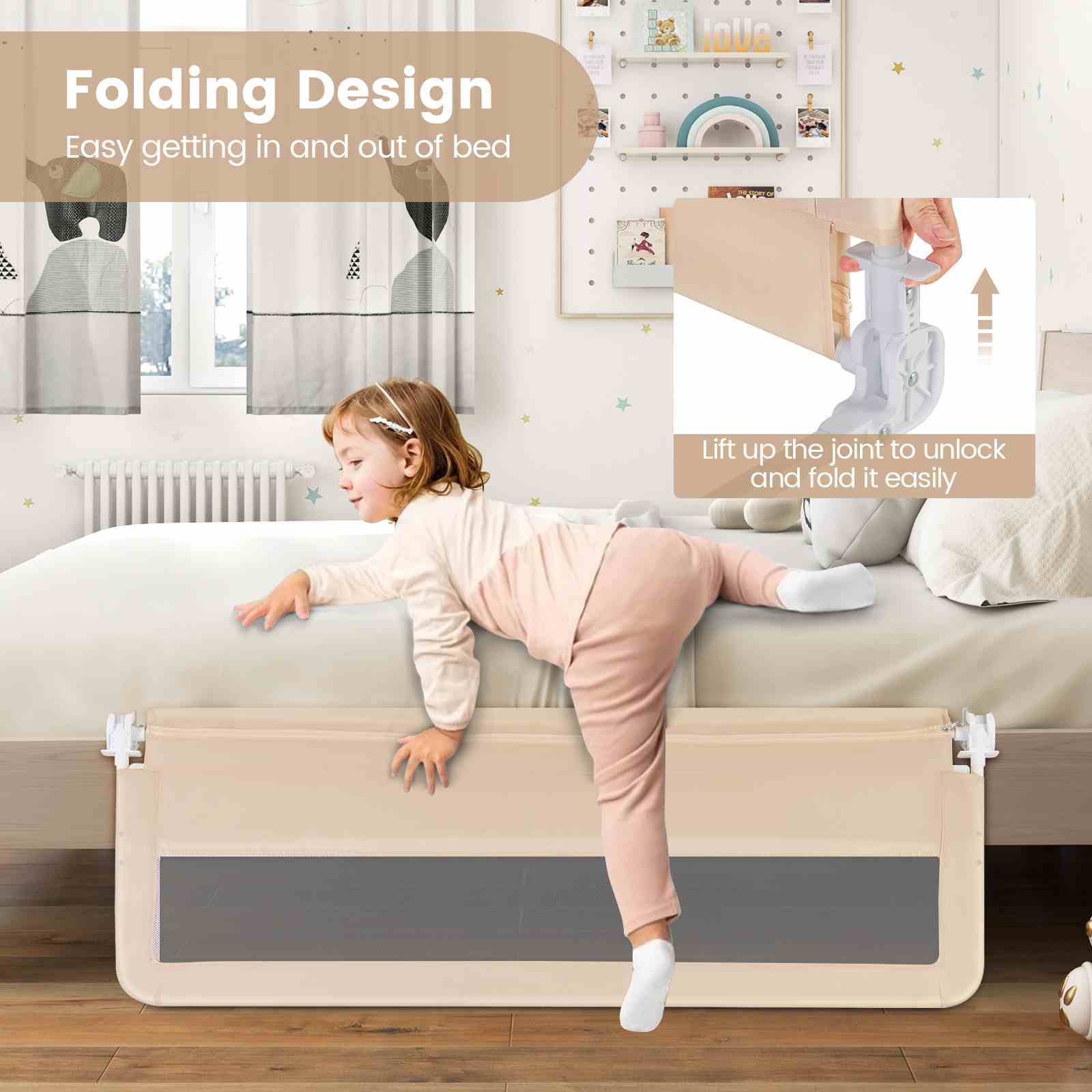 Baby Joy Toddler Foldable Bed Rail Guard with Removable Cover Beige ...