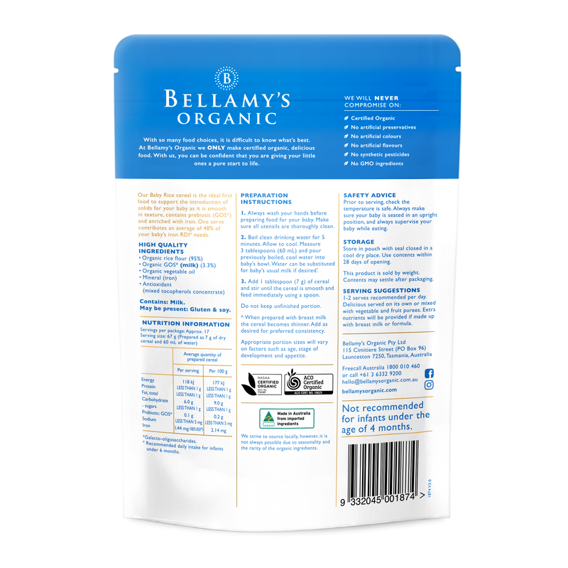 Bellamy's Organic Baby Rice with Prebiotic GOS - 125g | Baby and ...
