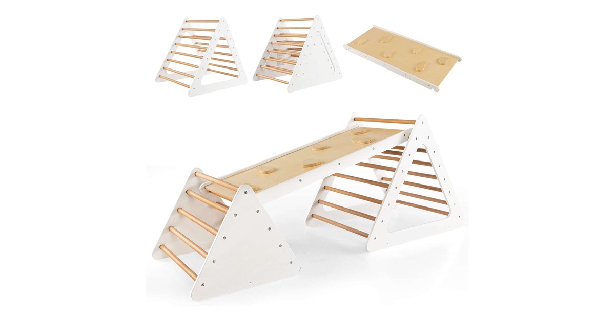 Baby Joy 3 in 1 Kids Triangle Climbing Ladder Set with Ramp - Natural ...