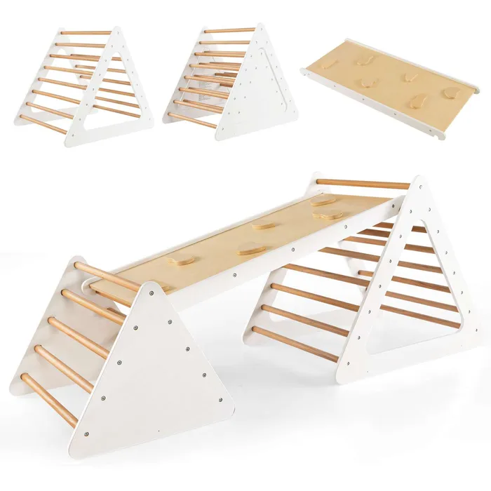 Baby Joy 3 in 1 Kids Triangle Climbing Ladder Set with Ramp - Natural ...