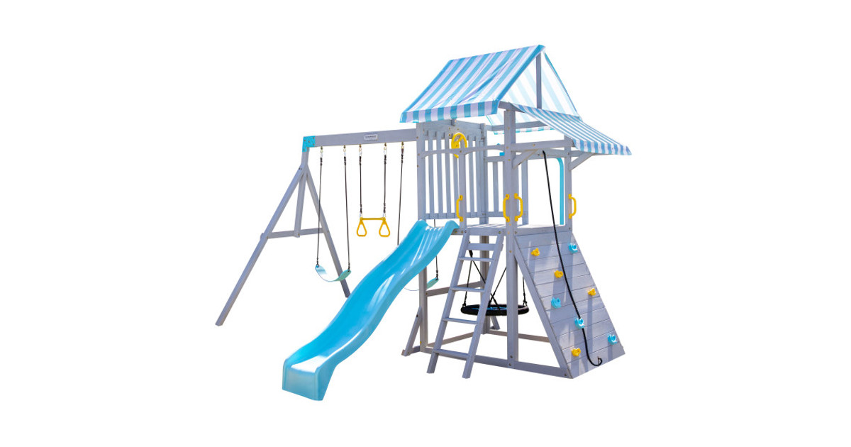 Teamson Kids Laguna Wooden Swing Set Playset with Platform, Rock Wall, and Wave Slide- Gray ...