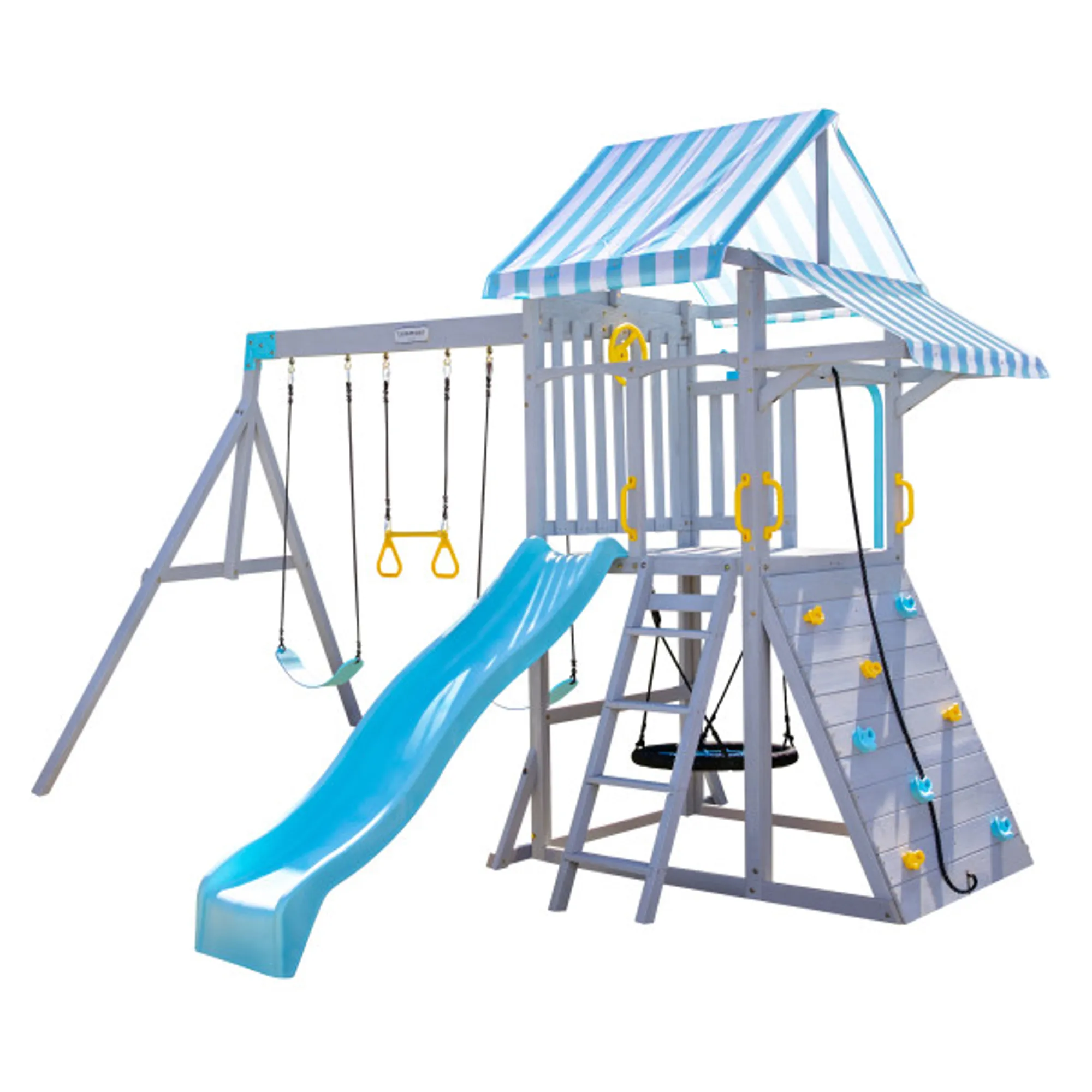 Teamson Kids Laguna Wooden Swing Set Playset with Platform, Rock Wall ...