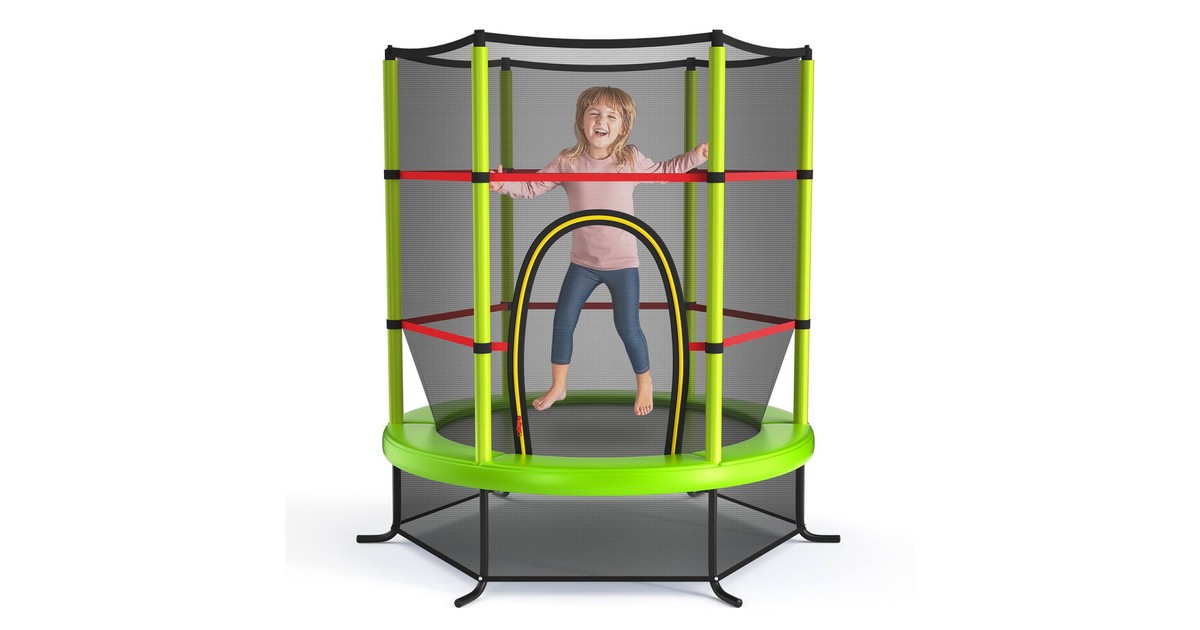 Baby Joy Kids Round Trampoline with Mini Jumping Mat and Enclosure Net ...
