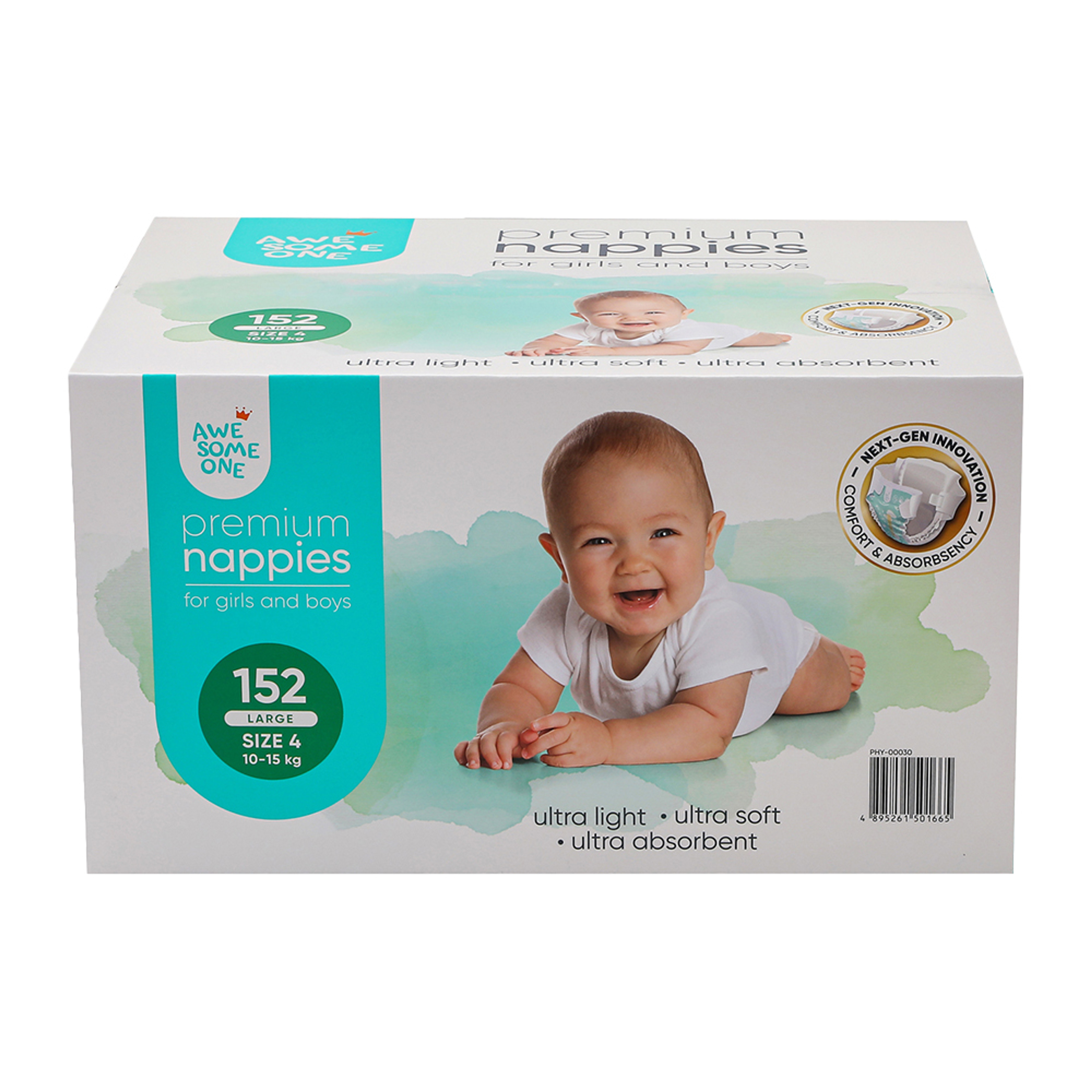 Awesome One Size 4 152PK Ultra Absorbent Hypoallergenic Baby Nappies ...