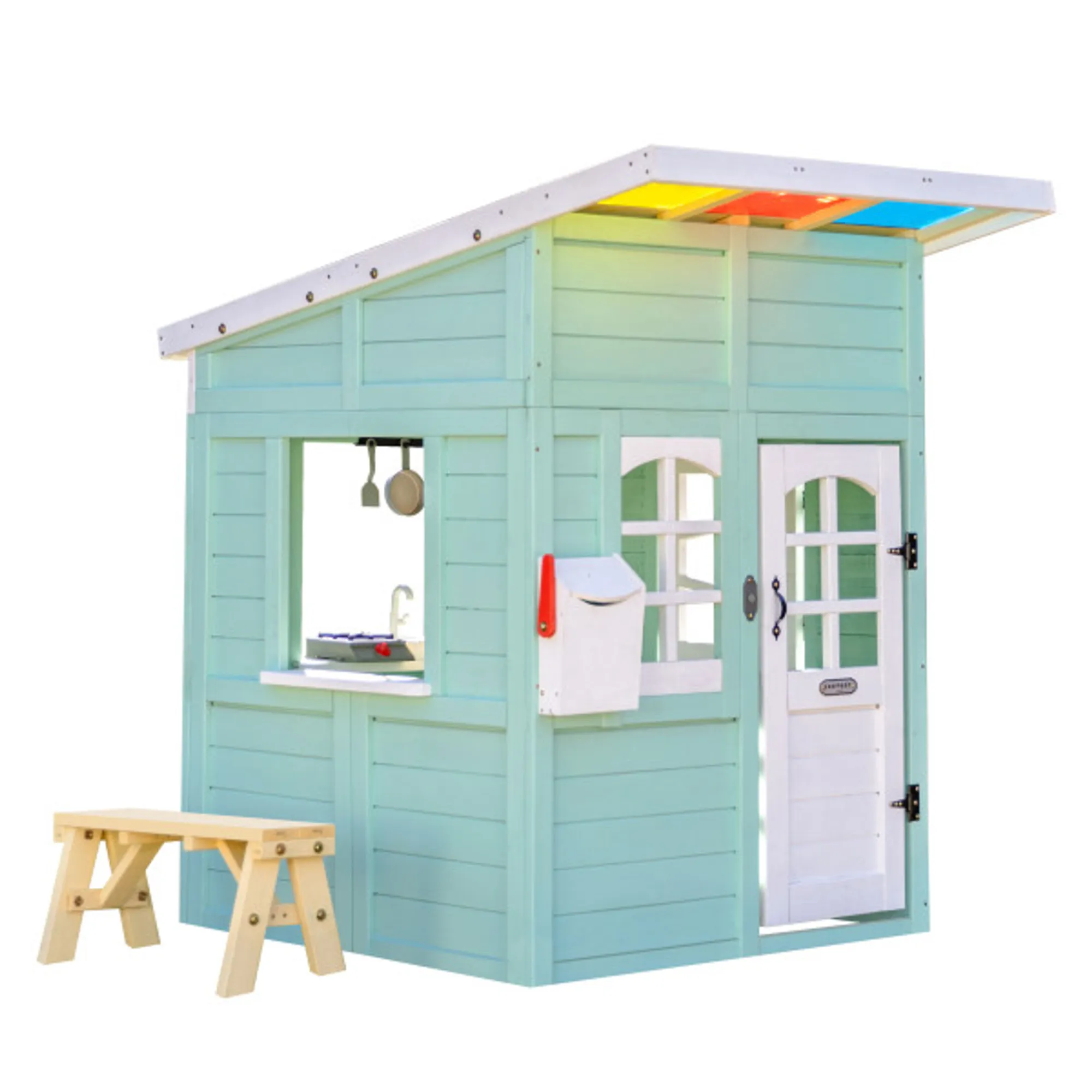 Teamson Kids Wooden Playhouse with Flower Box and Bench - Mint | Baby ...